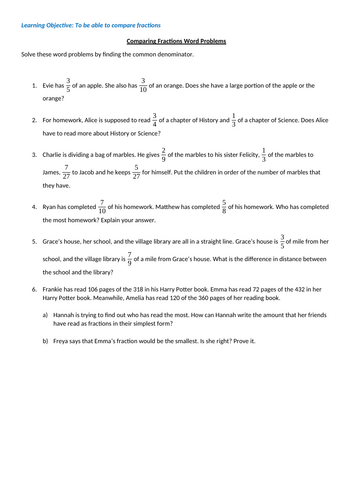 Comparing Fractions Word Problems | Teaching Resources
