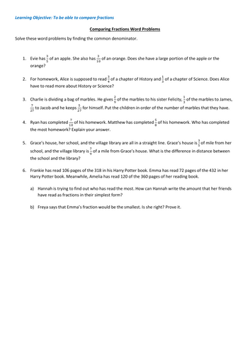 Comparing Fractions Word Problems | Teaching Resources