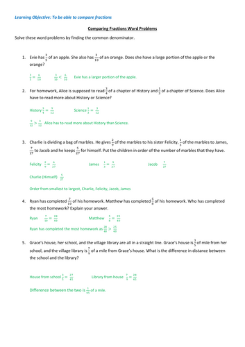 Comparing Fractions Word Problems | Teaching Resources