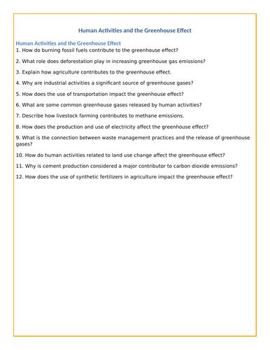 Human activities and the greenhouse effect KS4 worksheet questions only ...