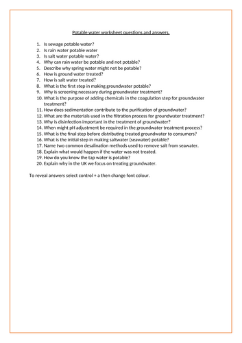 Potable water KS4 worksheet questions and answers | Teaching Resources