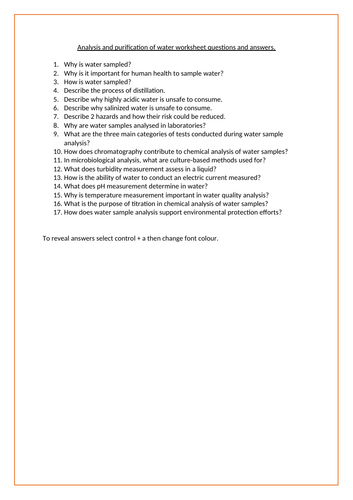 Analysis of water and purification KS4 worksheet questions and answers ...