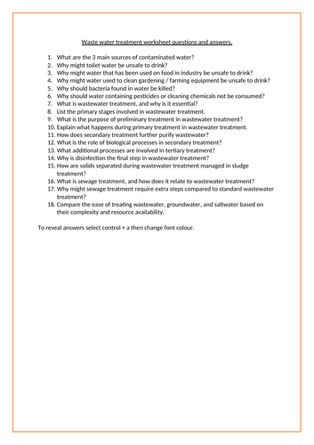 Waste water treatment KS4 worksheet questions and answers | Teaching ...