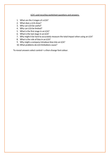 LCA's and recycling KS4 worksheet questions and answers | Teaching ...