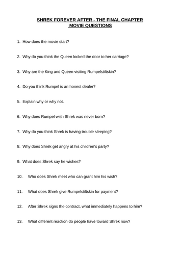Shrek Forever After - The Final Chapter Movie Questions - UK English ...