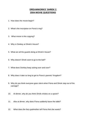 Shrek 2 Movie Guide Questions UK English | Teaching Resources