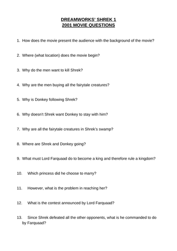 Shrek 1 Movie Guide Questions - UK English | Teaching Resources