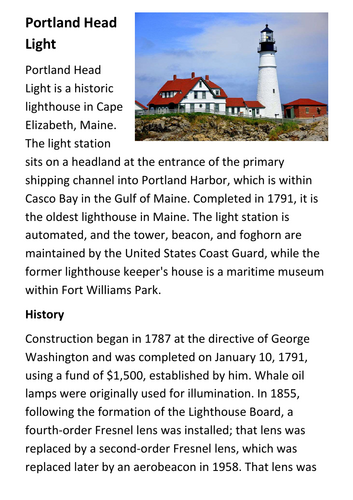 Portland Head Light Handout | Teaching Resources