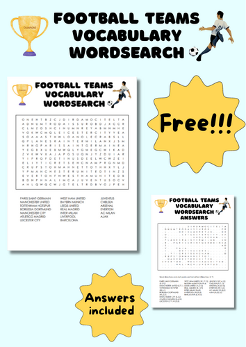 FREE Football Teams Vocabulary Wordsearch | Teaching Resources