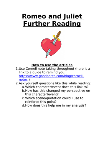 Romeo and Juliet - Further Reading Booklet | Teaching Resources