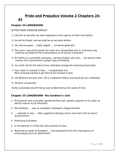 Pride and Prejudice quotations Volume II by chapter | Teaching Resources