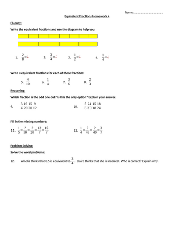 Editable Differentiated Equivalent Fractions Homework | Teaching Resources