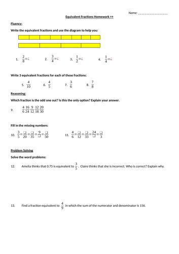 Editable Differentiated Equivalent Fractions Homework | Teaching Resources