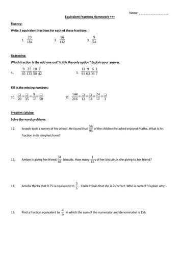 Editable Differentiated Equivalent Fractions Homework | Teaching Resources