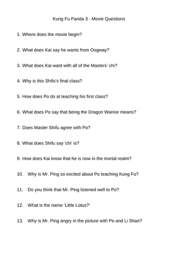 Kung Fu Panda 3 Movie Guide Questions - UK English | Teaching Resources