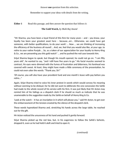 The Gold Watch, by Mulk Raj Anand | Teaching Resources