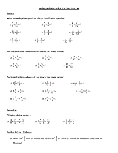 Adding & Subtracting Fractions Worksheet Day 2 Y5 | Teaching Resources