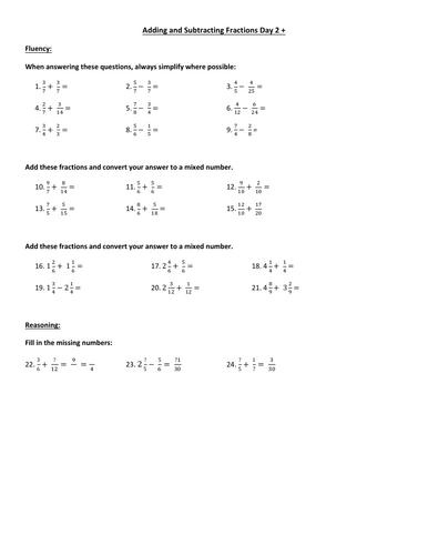 Adding & Subtracting Fractions Worksheet Day 2 Y5 | Teaching Resources
