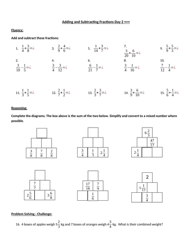 Adding & Subtracting Fractions Worksheet Day 2 Y5 | Teaching Resources