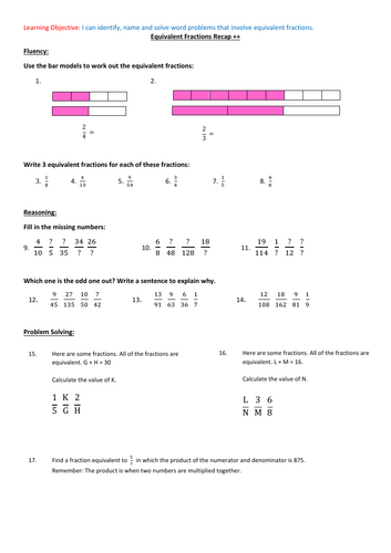 Equivalent Fractions Recap Worksheet | Teaching Resources