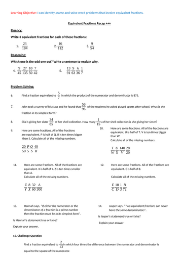 Equivalent Fractions Recap Worksheet | Teaching Resources