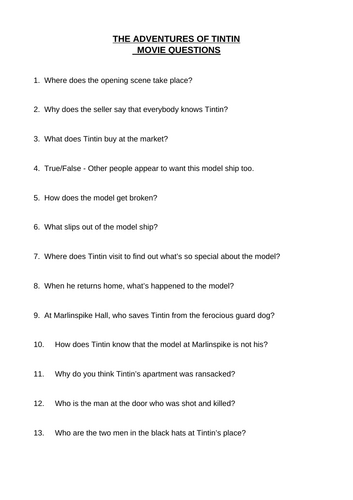 The Adventures of Tintin Movie Guide Questions - UK English | Teaching ...