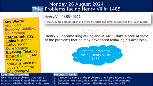 AQA A Level History. Chapter 1. Henry VIII 1485-1509. 9 lessons ...