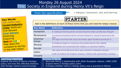 AQA A Level History. Chapter 1. Henry VIII 1485-1509. 9 lessons ...
