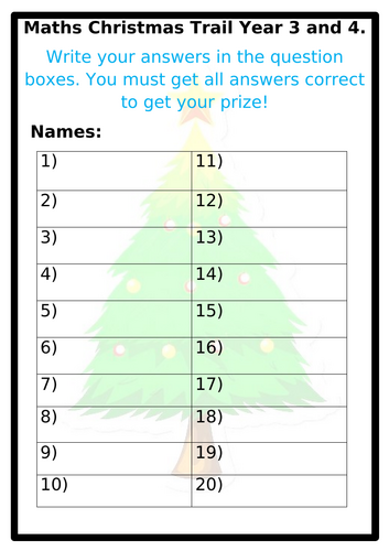 Christmas Maths Trail years 3 and 4 with pupil answer sheet | Teaching ...
