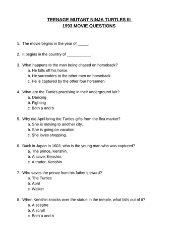 Teenage Mutant Ninja Turtles III 1993 Movie Questions - UK English ...