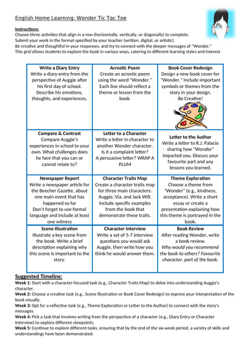 Wonder by R.J Palacio Home Learning Tic Tac Toe Grid | Teaching Resources