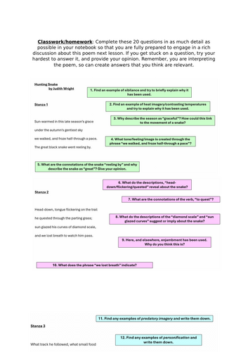 Hunting Snake by Judith Wright - Full Lesson Activities - CIE Poetry ...