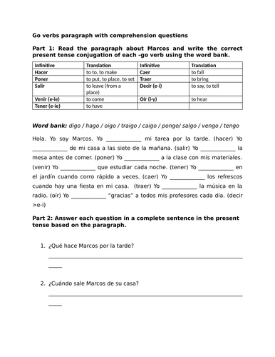 Go verbs paragraph with comprehension questions | Teaching Resources
