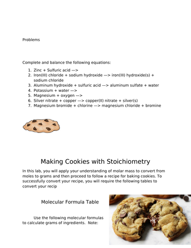 AP Chemistry Stoichiometry Word Problems and Lab Making Cookies ...