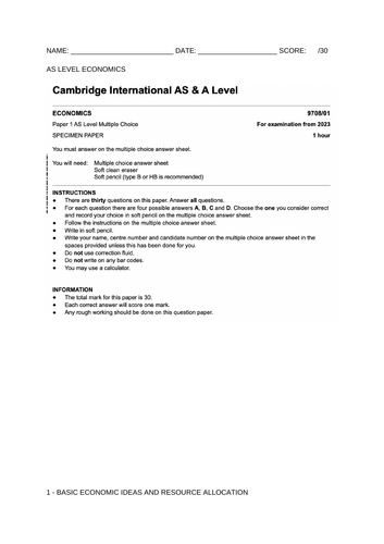 2024-25 CIE AS Economics (9708) UNIT 1 Basic Economic Ideas and ...