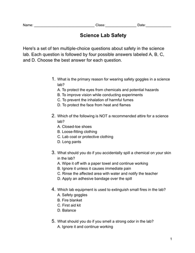 Science Lab Safety quiz- 4th-5th graders - 10 Multiple Choice Questions ...