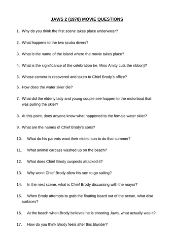 Jaws 2 Movie Guide Questions - UK English | Teaching Resources