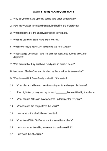 Jaws 3 Movie Guide Questions - UK English | Teaching Resources