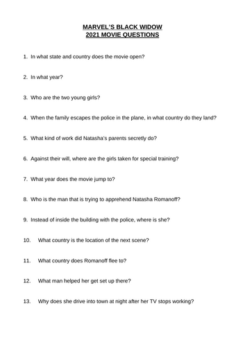 Marvel's Black Widow Movie Questions - UK English | Teaching Resources