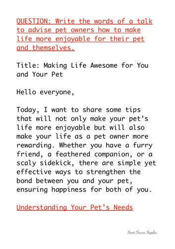 GCSE English Language 9-1 CREATIVE WRITING: Write an advice talk to Pet ...