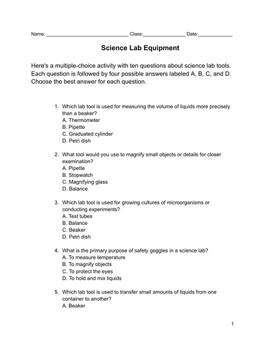 Science Lab Equipment quiz - 4th-5th graders - 10 Multiple Choice ...