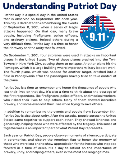 Patriot Day: Reading Passage - Activities Puzzles & Answers 3rd - 5th ...