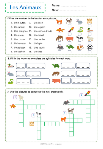French Animals Worksheet Pack | Teaching Resources