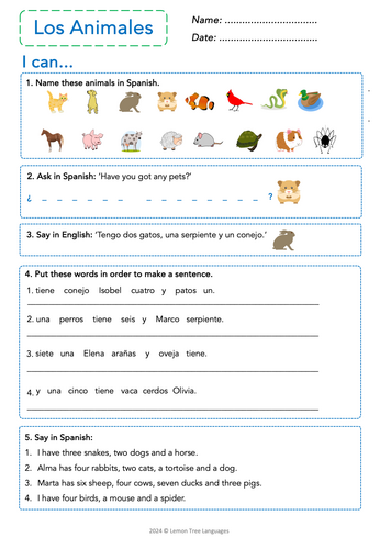 Spanish Animals - Los Animales y las Mascotas - Worksheet Pack ...