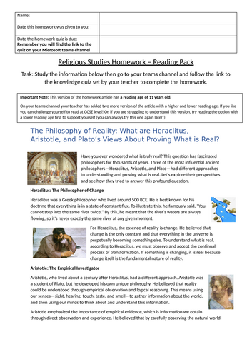 KS3 - Religious Studies/ Education (RS) - Homework pack and teams quiz ...