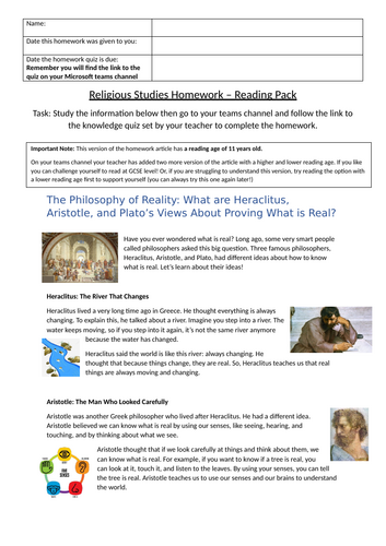 KS3 - Religious Studies/ Education (RS) - Homework pack and teams quiz ...