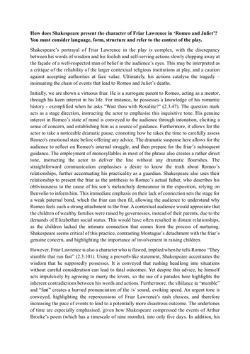 Romeo and Juliet Model Coursework Response on Friar Lawrence - Edexcel ...