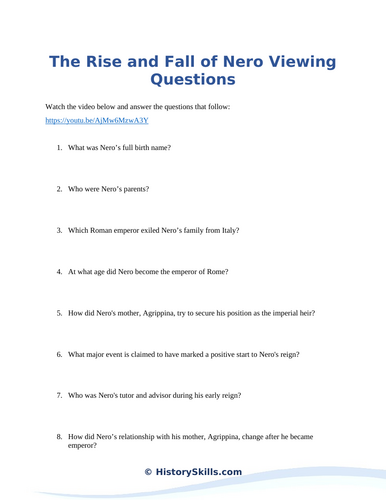 The Rise and Fall of Emperor Nero Video Viewing Questions Worksheet ...