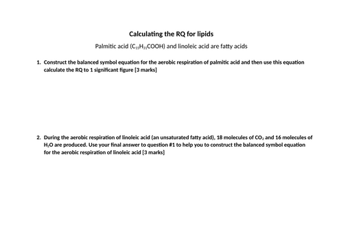 Respiratory quotient (CIE A-level biology) | Teaching Resources