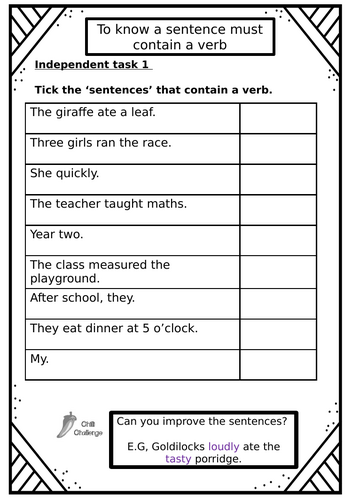 To know a sentence must contain a verb | Teaching Resources